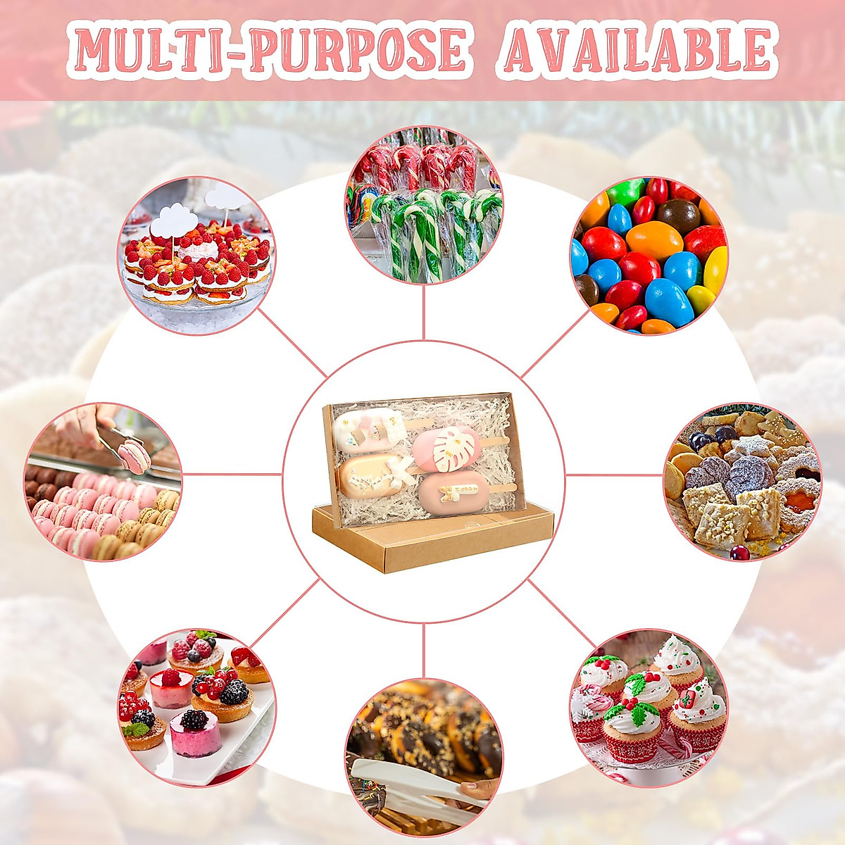 Karenhi 48 Pcs Clear Cookie Boxes with Full Window 9.5 x 5.9 x 1.3 in Bakery Treat Boxes Macaron Chocolate Donuts Pastry Clear Lids Packing Boxes for Mother's Day Wedding Grad Party(Brown)