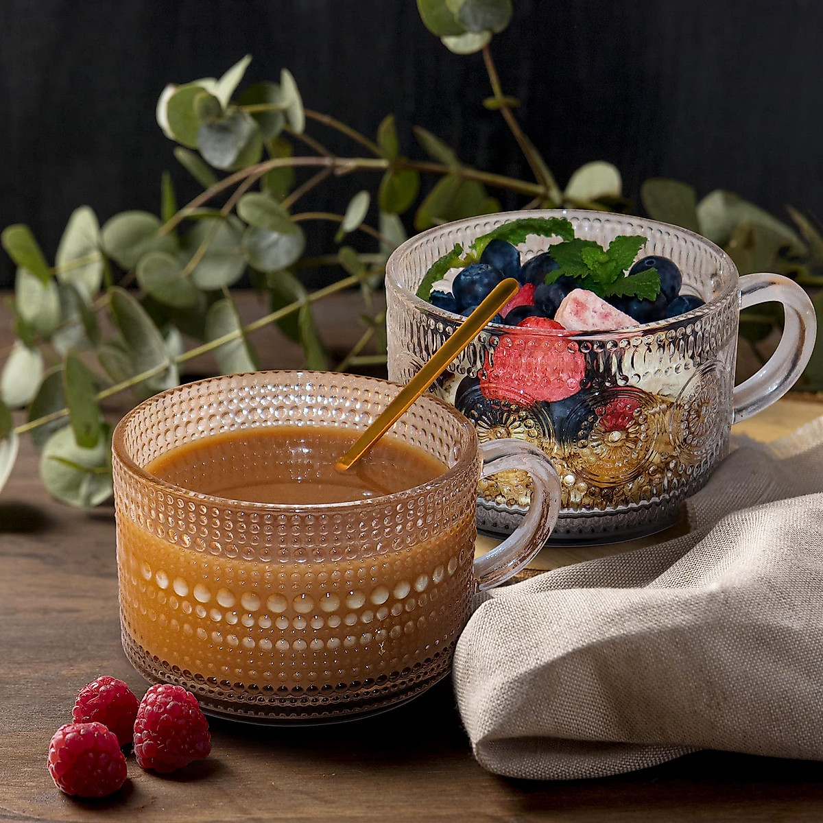 Anbanglin 4Set Vintage Coffee Mugs, Glass Cups with Spoons, 14OZ Elegant Embossed Tea Cups, Glass Coffee Cups for Ice Coffee, Cereal, Yogurt, Ideal Gift