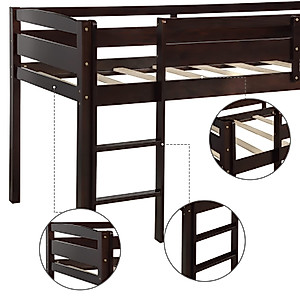 Bellemve Low Loft Bed Twin Size Wooden Loft Bed Frame with Ladder for Kids Girls Boys Teens, Espresso