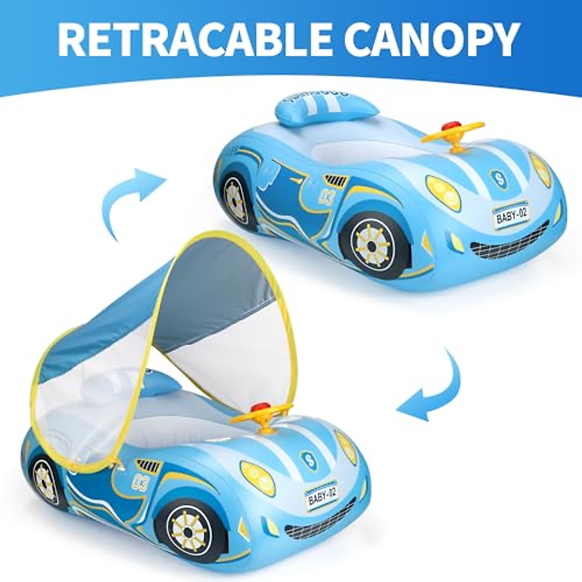 Swimbobo Toddler Pool Float Inflatable Car Baby Swim Float with Adjustable Sun Canopy and Safety Seat Pool Toys for Kids 1-4 Years Old (Blue Sports Car)