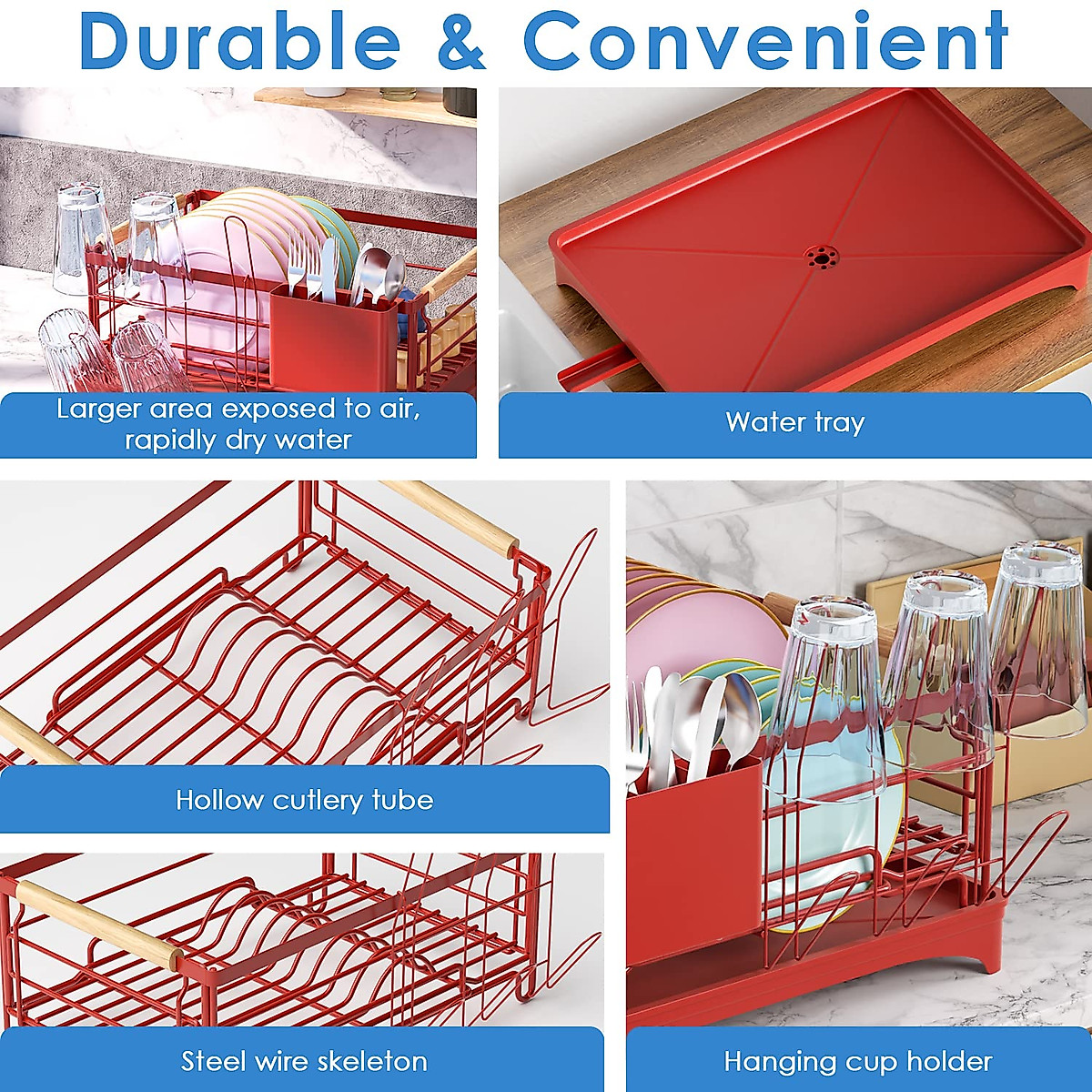 G-TING Dish Drying Rack, Dish Rack for Kitchen Counter, Rust-Proof Dish Drainer with Drying Board and Utensil Holder for Kitchen Counter Cabinet, 16.6” L× 12.6”W× 7.8”H, Bright Red