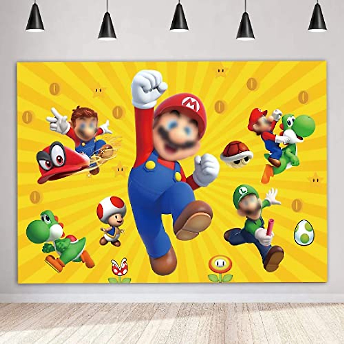 Cartoon Super Brother Boy Backdrop Gold Coin Video Game Adventure Kart Background Super Bros Uncle Mushroom Birthday Party Banner Baby Shower Props 7X5FT