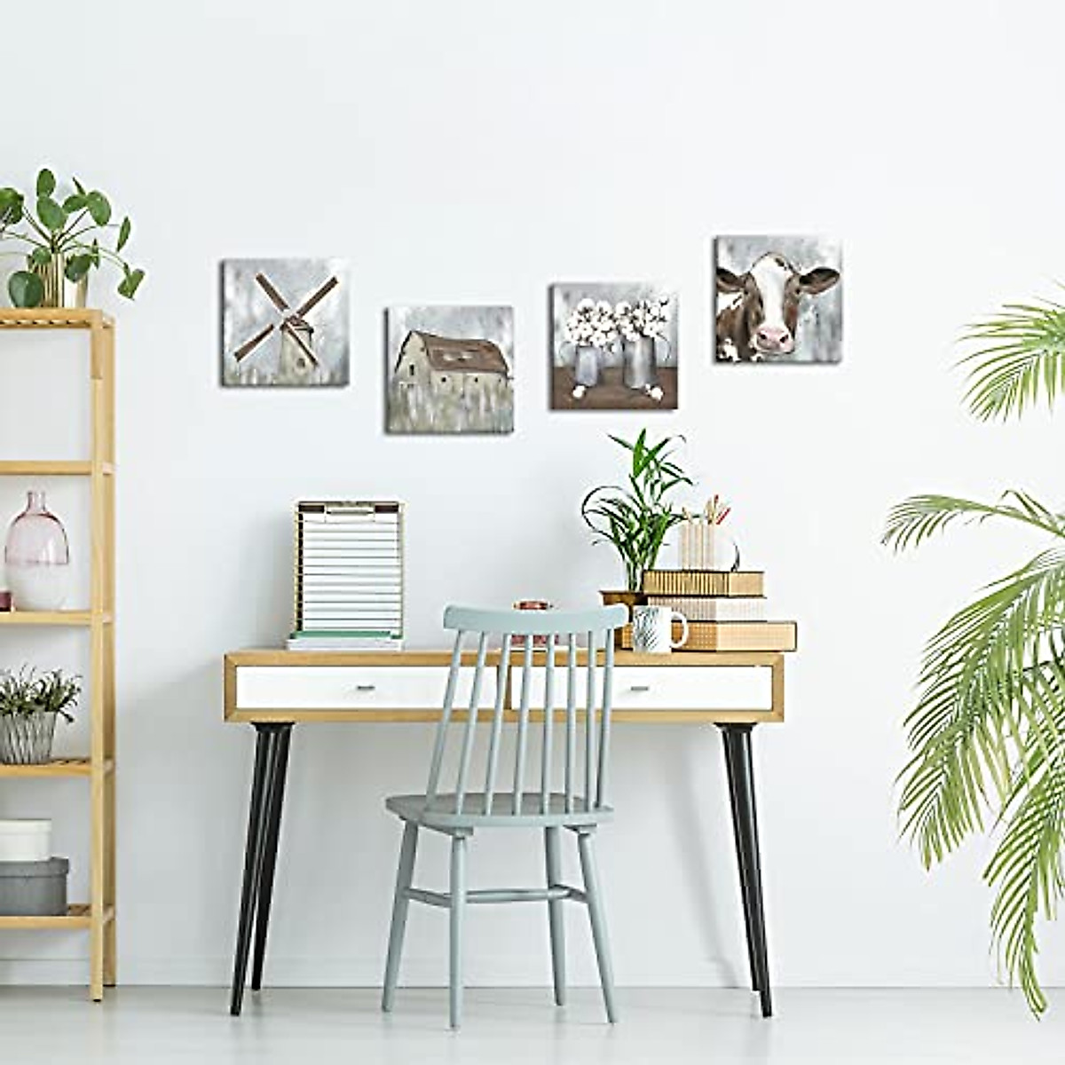 OuElegent 4 Piece Farmhouse Canvas Wall Art Rustic Cow Dutch Windmill Cotton Flower Picture Artwork Modern Countryside Printed Painting for Living Room Kitchen Decor Framed Ready to Hang 12x12 Inch