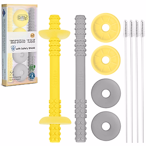 Teething Tube with Safety Shield - Baby Hollow Teether Sensory Toys & Gum Massager for Infants 3-12 Months Boys Girls, BPA-Free Food-grade Silicone, 1 Pair with 4 Cleaning Brush Included (Yellow+Gray)