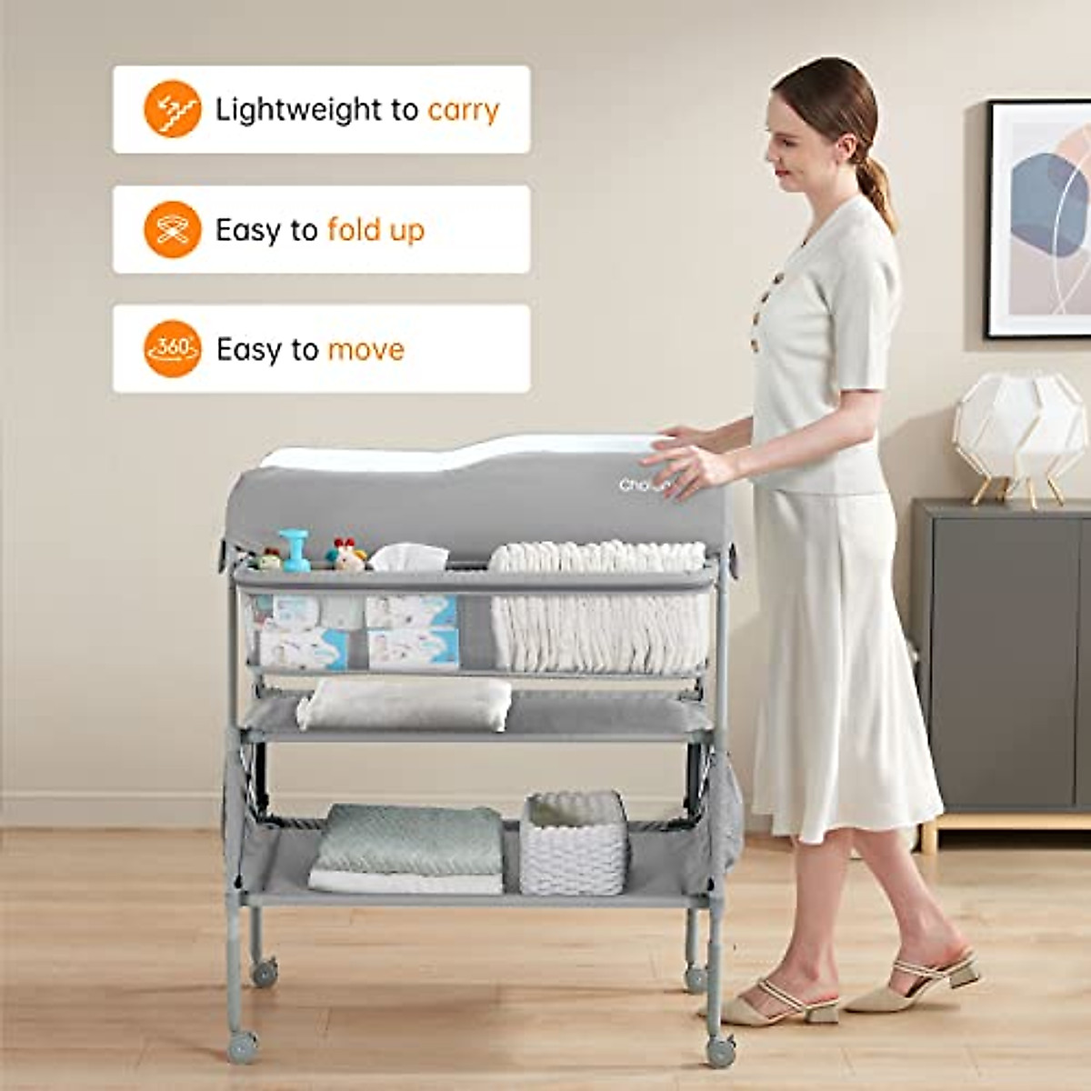 Baby Changing Table Portable Adjustable Changing Station for Tall, Foldable Diaper Changing Tables, Easy Clean Changing Table Topper, Large Storage Cholena Changing Station for Nursery, Light Grey