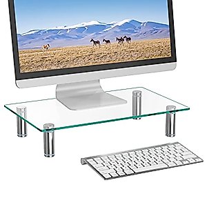 WALI Rectangular Tempered Glass Monitor Riser Desktop Stand Height Adjustable Table Top for Flat Screen LCD LED TV, Laptop, Notebook, Display (GTT001), 16 X 10 inch, Clear