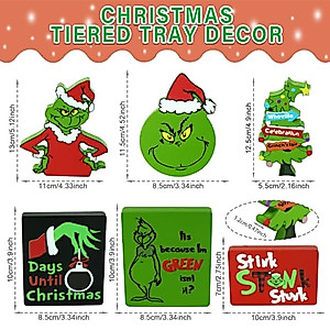 Christmas Tiered Tray Decor Green Tiered Tray Decoration Christmas Tree Wooden Signs Decorations for Farmhouse Home Tabletop Shelf