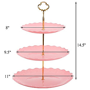 Tosnail 3 Pack 3 Tiers Pink Plastic Cupcake Stand Dessert Stand Tiered Serving Trays with 3 Styles Gold Rod, Party Serving Trays Fruit Pastry Holders for Wedding and Party - Heart and Flower Embossed
