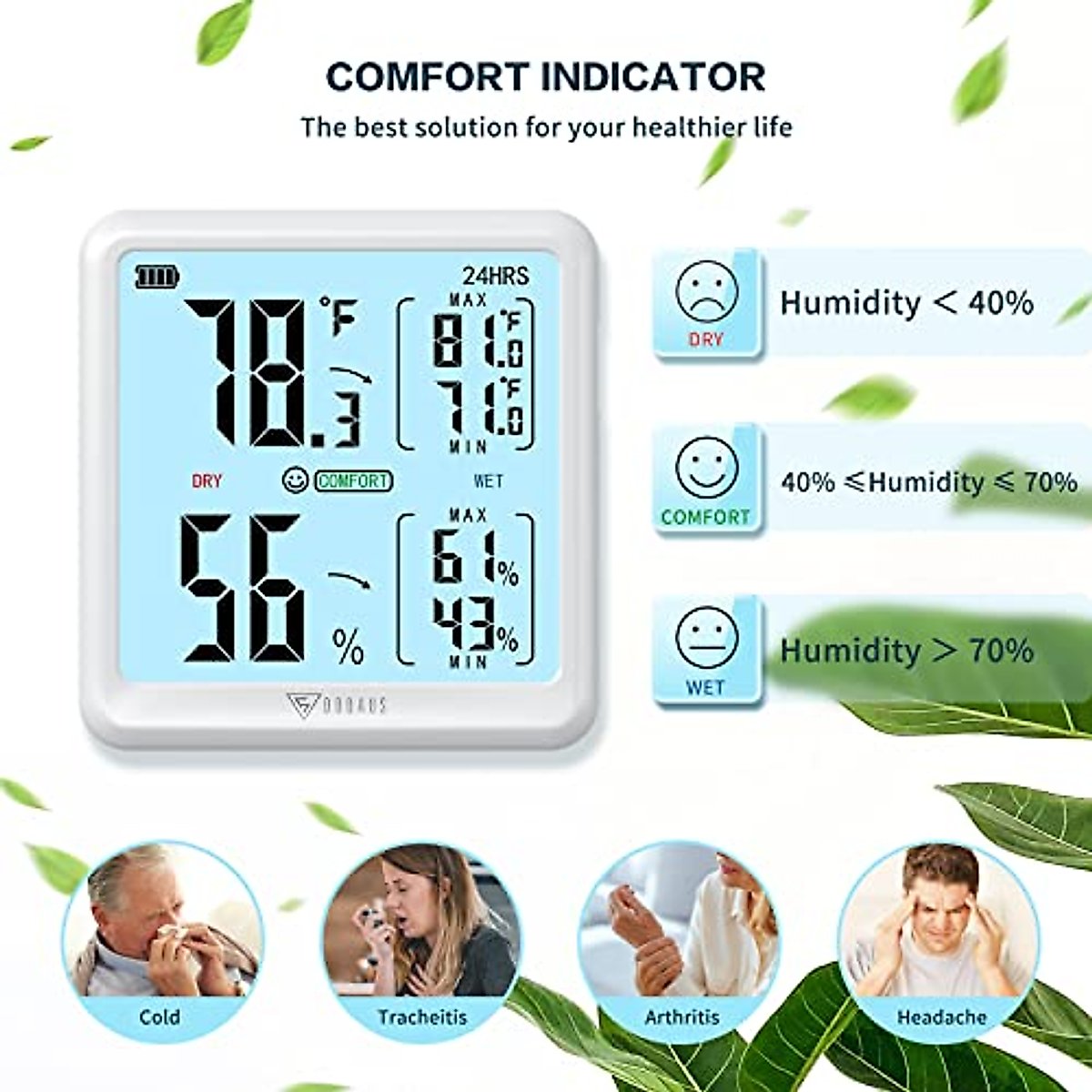 DOQAUS Digital Hygrometer Indoor Thermometer for Home, Room Thermometer with 3s Fast Refresh & Max Min Records, Temperature Humidity Monitor Meter with Touch LCD Backlight, USB Rechargeable