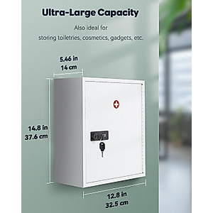Uniclife Wall Mount Medicine Cabinet with Combination & Key Lock Locking First Aid Cabinet Lockable Medical Cabinet Large Capacity Medicine Organizer Secure Steel Wall Cabinet Metal Storage Box, White