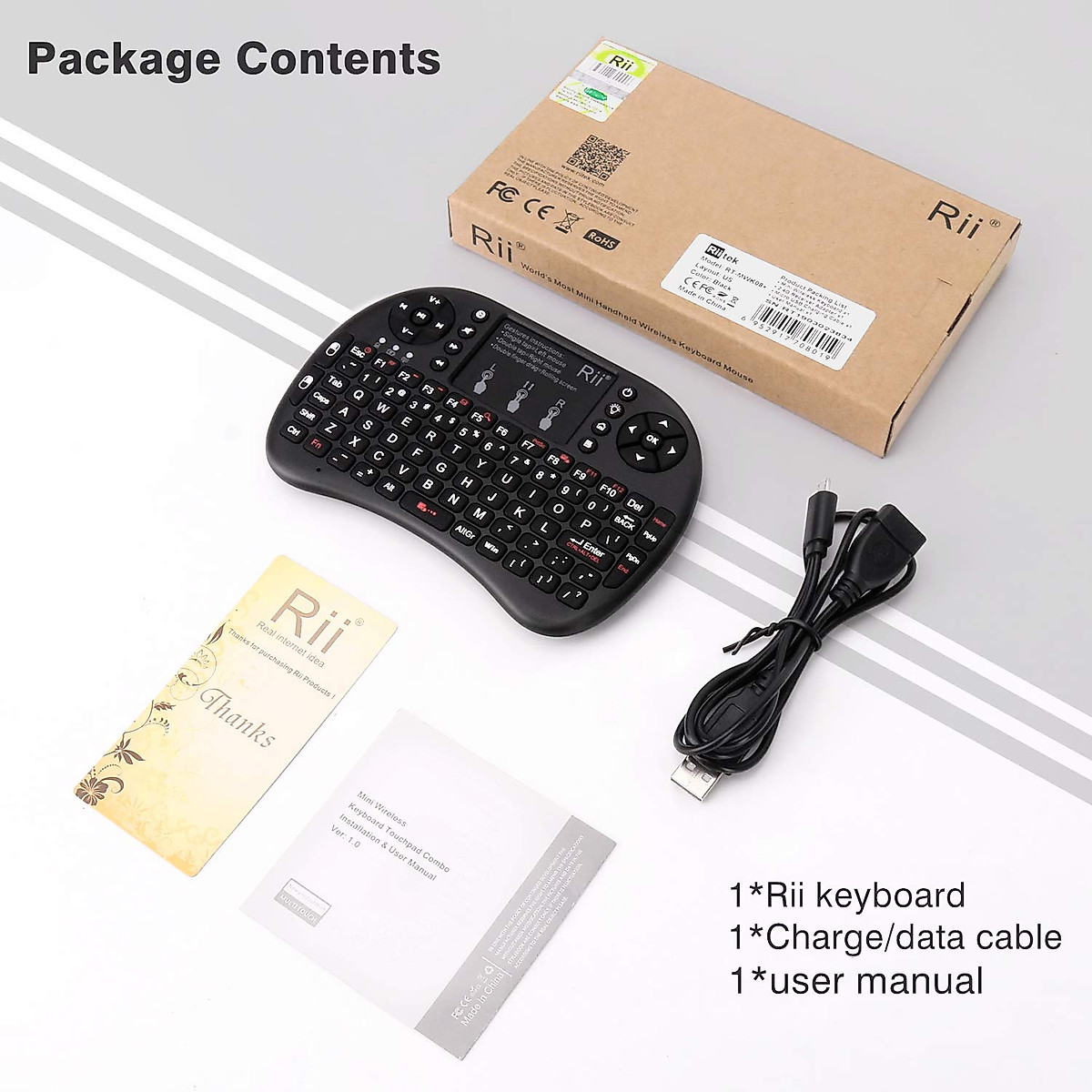 Rii Mini Wireless Bluetooth Keyboard with Touchpad, Support Bluetooth +(RF) 2.4GHz Wireless Connection for Smartphones, PC, Tablet, Laptop TV Box iOS Android Windows Mac.Black