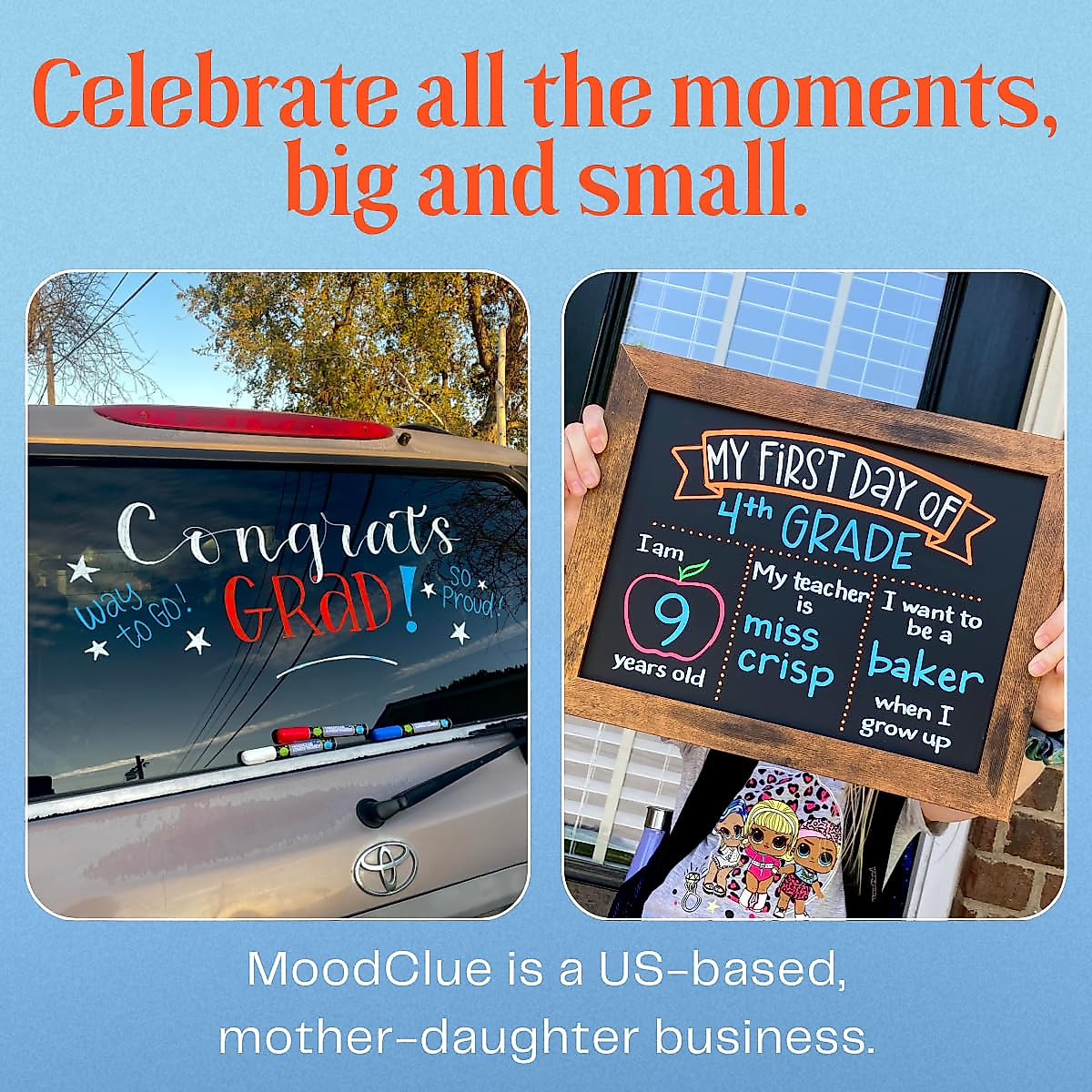 MoodClue liquid chalk markers for glass, mirrors, windows, car windshields, auto, white boards, glass boards, chalkboards. 6 neon. Reversible - thick, thin tip. Washable, erasable. Wet or dry erase.