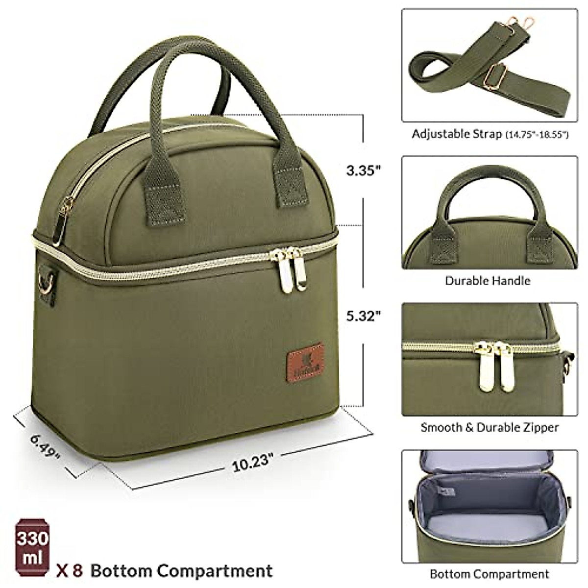 Hafmall Insulated Lunch Bag for Women Men, 9L Dual Compartment Lunch Tote Bag with Shoulder Straps, Reusable Adult Lunch Box for Work/School/Picnic, Green