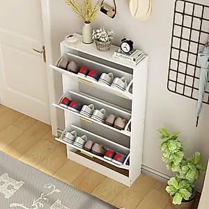 NOVAMAISON Narrow Shoe Storage Cabinet, Shoe Cabinet for Entryway with 3 Flip Drawers, Wood Hidden Shoe Storage, Freestanding Shoe Organizer for Hallway, Bedroom, Apartment, White