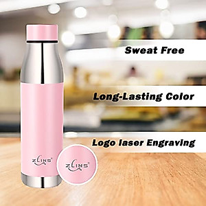 ZLINS Stainless Steel Vacuum Insulated 22oz Water Bottle Leak-Proof - Reusable Double Walled Metal Thermos - Sports Flask Great for Travel, Hiking, Camping(Pink)