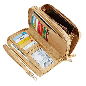 Cynure Women's Large Zipper Card Organizer Long Leather Wristlet Clutch Wallet for Ladies, Gold
