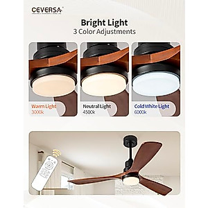 Ceversa 52 Inch Solid Wood Ceiling Fan with Light and Remote Control, 3 Blades Modern Ceiling Fan Walnut Craftmade Quiet for Living Room Bedroom Farmhouse Indoor Outdoor Balcony