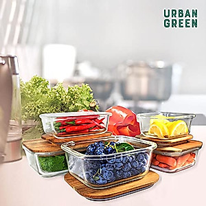 Urban Green Glass Food Container with Wood Lid, Glass food storage Container with Lids, Glass Meal Prep Containers Set, Glass Food Containers set (Wood Lid of 5 Pack)
