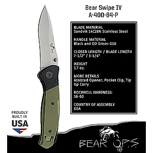 Bear OPS Bear Swipe IV, 3-1/4-inch Blade, 14C28N Sandvik Stainless Steel, OD Green G10 Handle, Assisted Opening with Reversible Pocket Clip (A-400-B4-P)