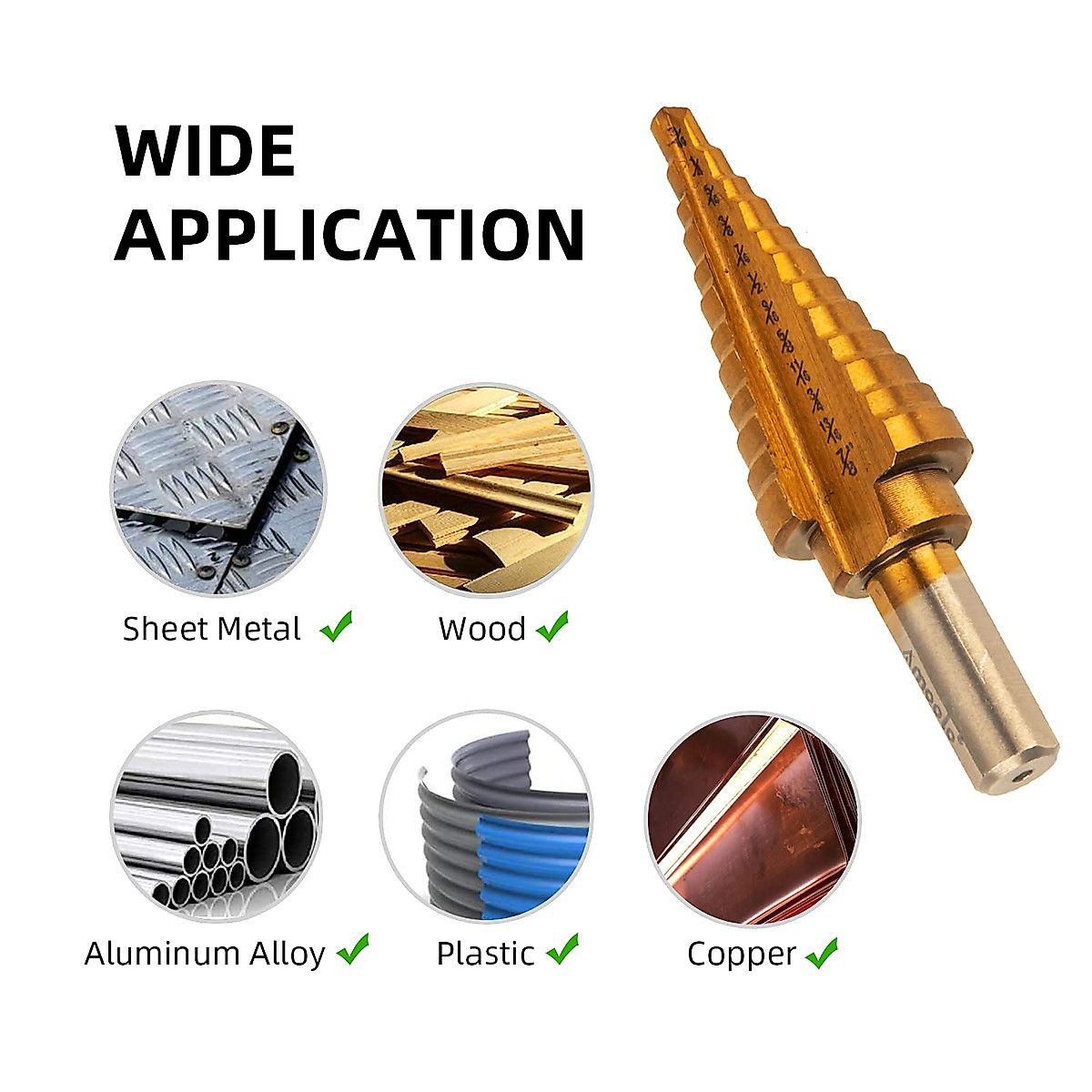 amoolo Titanium Step Drill Bit Set (5Pcs), Total 50 Sizes High Speed Steel (HSS) Unibit with Double Flute Cutting Blades for Soft Metal Sheet, Wood, Plastic, Multiple Hole Drilling Cone Bit Set