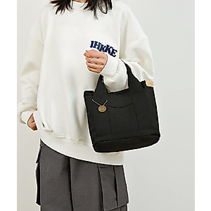 MINGRI Canvas Tote Bag for Women Small Mini Tote Bags with Pockets Small Canvas Handbag Tote Bag with Zipper Mini Tote Purse Mini Travel Bag with Compartments,without Shoulder Strap,Black