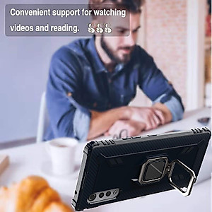 Ranyi Sony Xperia 1 II Case, Carbon Fiber Case with 360 Rotating Ring Holder Kickstand Feature Shock Absorbing Full Body Protection Soft Rubber Silicone Case for Sony Xperia 1 II 6.5" -Blue