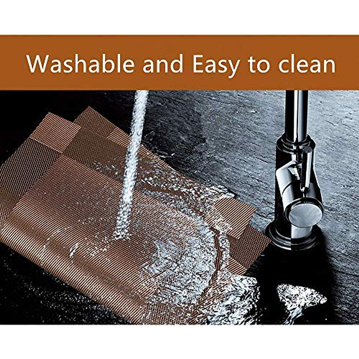 Placemats with Table Runner Sets Place Mats, Woven Crossweave Placemat Vinyl Kitchen Tablemat, Washable PVC Table Mats for Dining Table, Parties, Farmhouse, Thanksgiving, Christmas & Gathering (Brown)