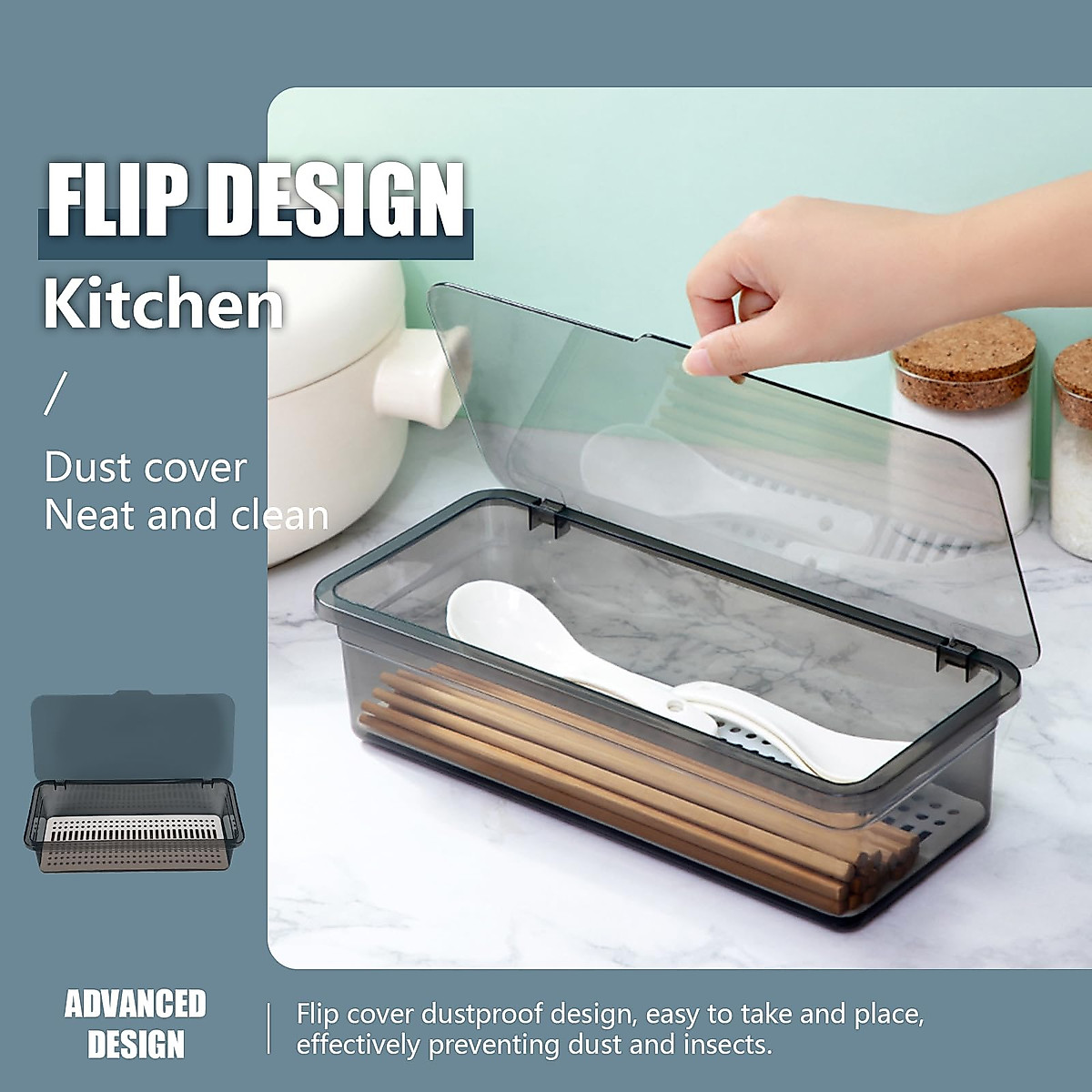 SUNSHNO 4PCS Flatware Tray with Lid and Drainer, Tableware Utensil and Cutlery Drawer Organizer with Lid Covered Silverware Tray to Keeps Your Cutlery Organized and Protected