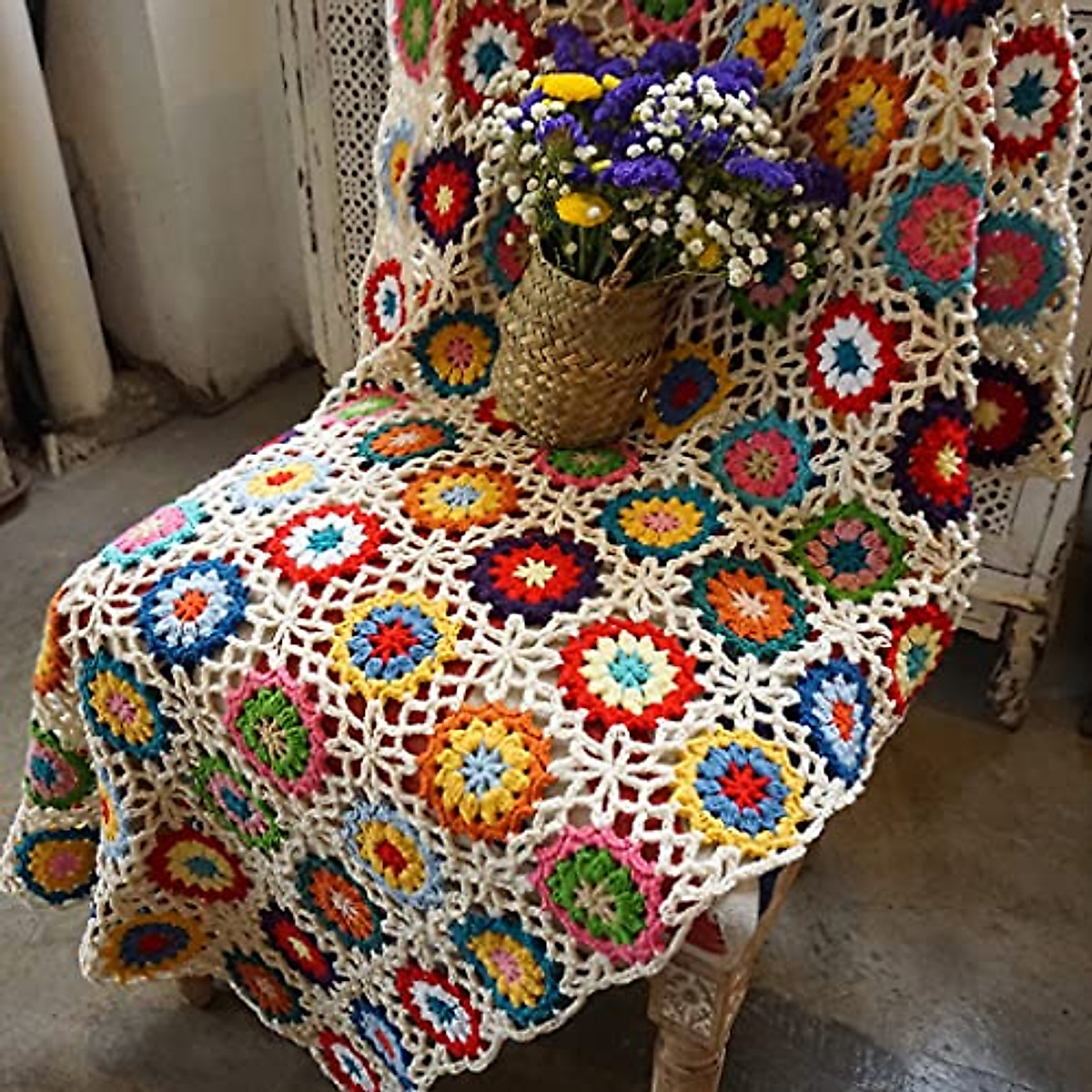 hahawali Crochet Blanket, Woven Blanket, Sofa Blanket Boho Handmade Crochet Sofa Throw Blanket Colorful Flower Sweater Style Mat Decor, 80x60