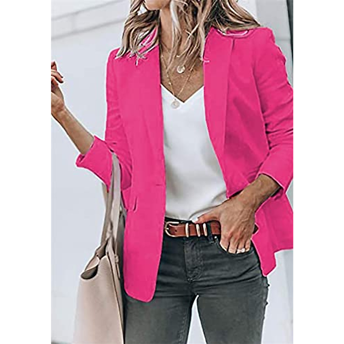 BOFETA Womens Casual Boyfriend Blazers Oversized Open Front Lapel Collar Button Work Office Jacket Rose XL