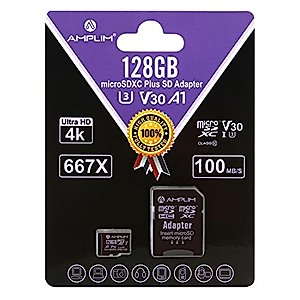 Amplim Micro SD Card 128GB, Extreme High Speed MicroSD Memory Plus Adapter, MicroSDXC SDXC U3 Class 10 V30 UHS-I TF Nintendo-Switch, Go Pro Hero, Surface, Phone Galaxy, Camera Security Cam, Tablet