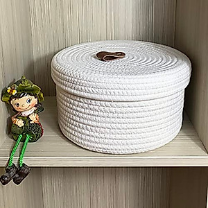 Aplolemo Round Cotton Rope Storage Basket with Lid,Decorative Woven Storage Bin,Organizer Box Container for Snacks Towels Plants, Leather Design Lidded Round Basket-Set of 2(11"x6"/9"x5")-White