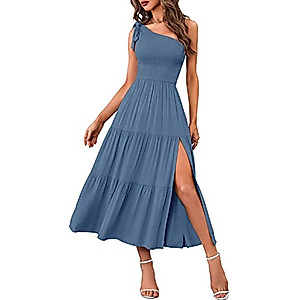 MEROKEETY Women's One Shoulder Sleeveless Shirred High Waist Swing A-Line Midi Maxi Dress,Dustyblue,S