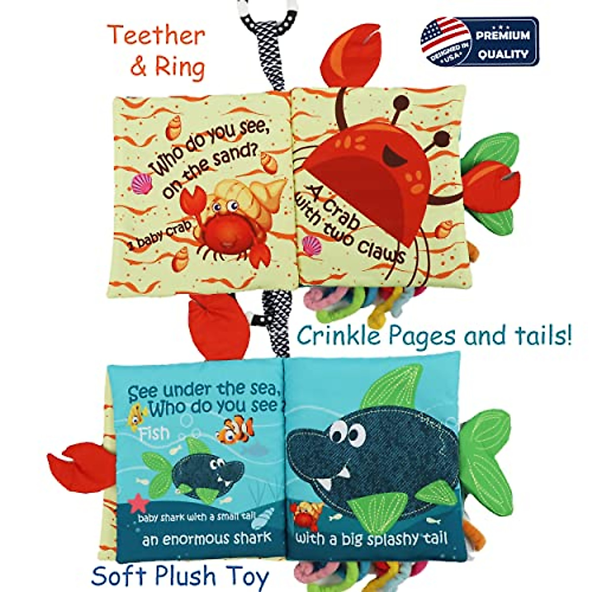 Soft Cloth Crinkle Books Touch Feel Baby Books 0-6 Months for Babies,Infants,Toddlers,Baby Boy Girl Toys 0-3 Months 6 to 12 Months 1-3 Years Old Shower Gifts Box, Sensory Toy Fish Octopus,Teether Ring