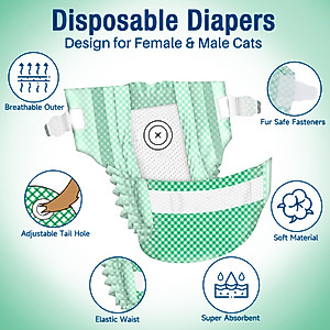 Pet Soft Disposable Cat Diapers - Diapers for Female & Male Cats, Puppy Doggie Diapers for Female Dogs with Adjustable Foam Tail Hole, Medium (24Pcs, Green)