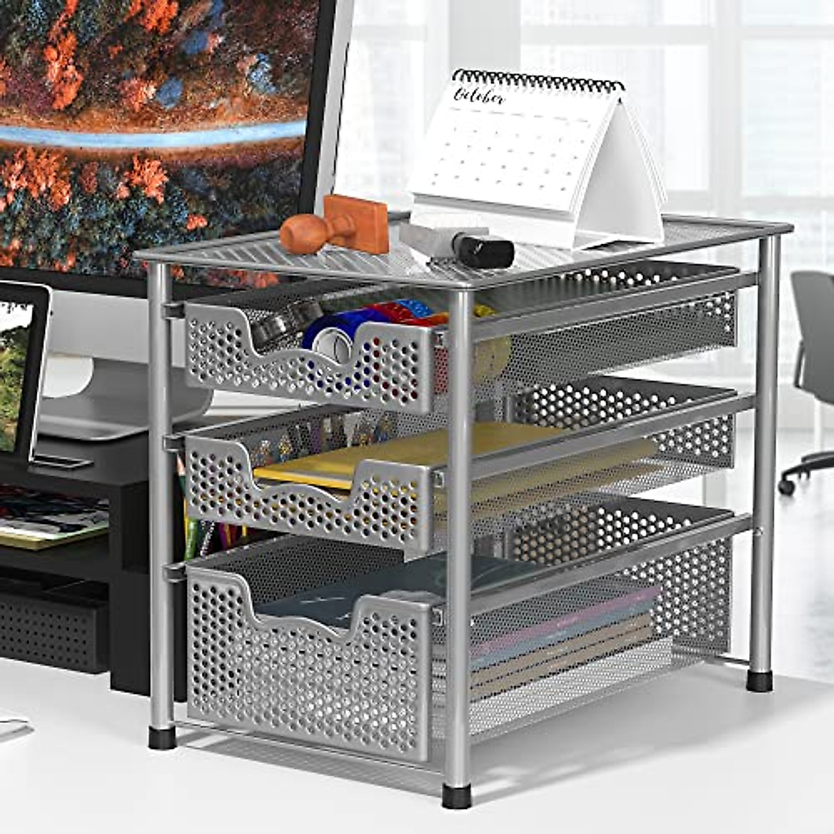 Simple Houseware Stackable 3 Tier Sliding Basket Organizer Drawer, Silver