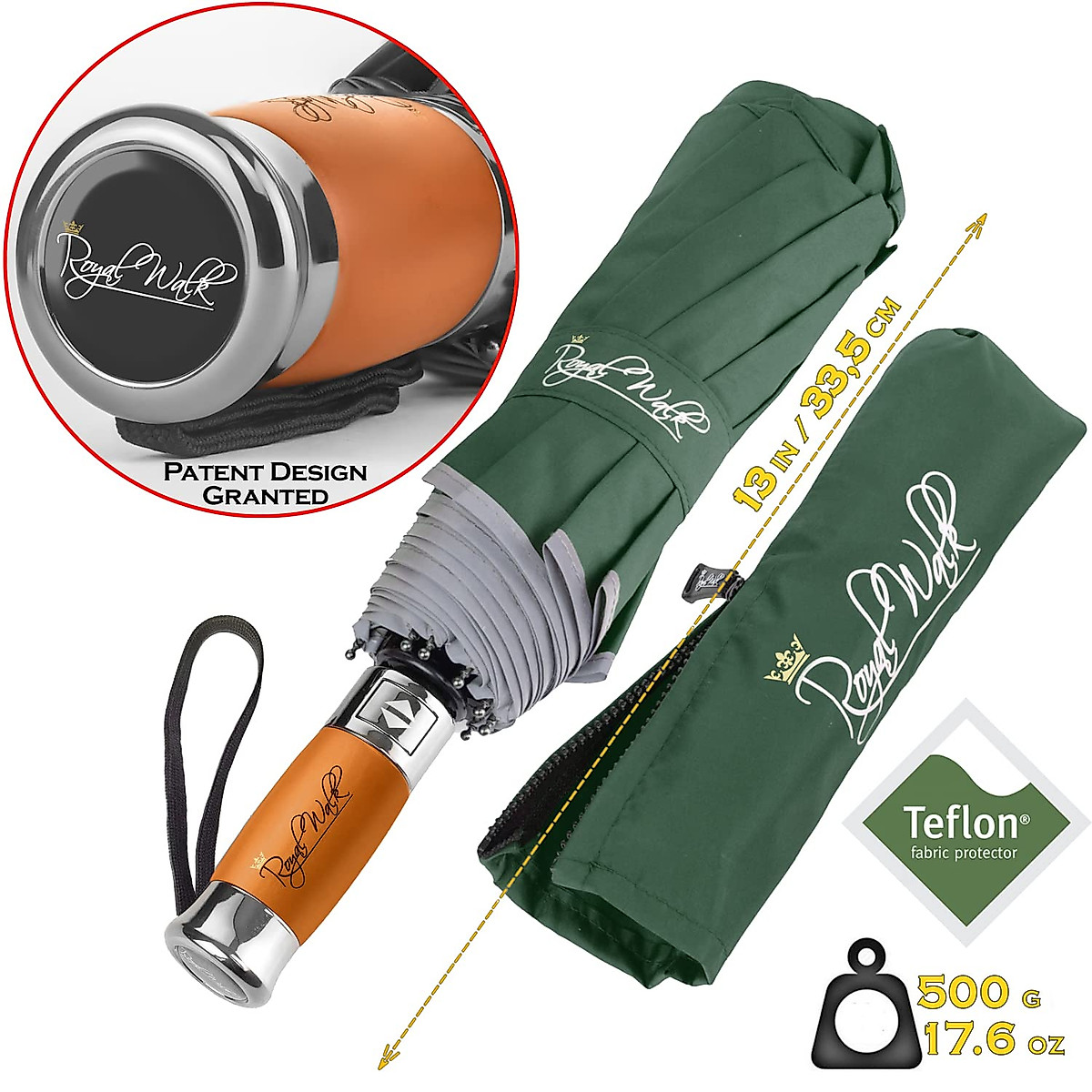 Royal Walk Windproof Folding Travel Umbrella Compact and Strong Luxurious Real Wood Handle Automatic Open Close Vented Double Canopy for Men and Women