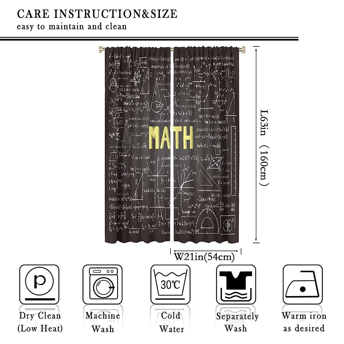 Mathematics Room Curtains, Dark Blackboard Backdrop with Math Equations Geometry Axis Art Blackout Rod Pocket Curtains for Classroom Study Bedroom Living Room Window Drapes 42x63in