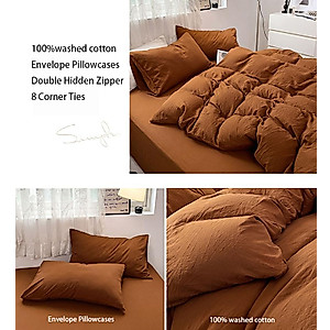 Modern Style Bedding Three Piece Set, Washed Cotton Quilt Cover, Breathable, Durable, Soft and Comfortable with 2 Pillowcases (Brown, Full (80 "x 90"))