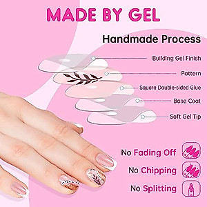 24 Pcs Press On Nails, Gel Nail Kit, Women's French Shrub Leaves False Nails, Full Cover False Nails Easy Home DIY Manicure with Square Nails Glue, Prep Pad, Mini Nail File, Nail Remover Stick