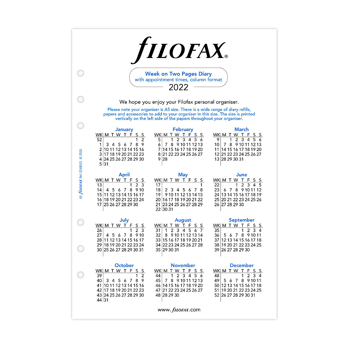 Filofax A5 Week on Two Pages English 2022 Diary