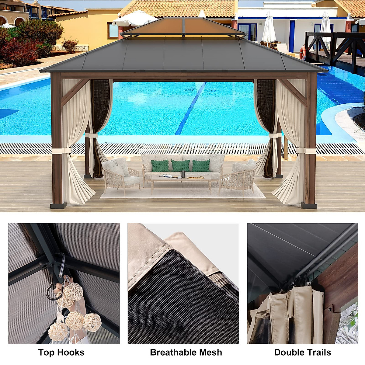 OLILAWN Gazebo 12x14, Hardtop Gazebo with Wood Finish Aluminum Frame, Galvanized Steel Double Top Gazebo with Ventilation, All-Weather Metal Gazebo with Netting and Curtains, for Patios Gardens Lawns