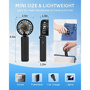Hssio Portable Handheld Fan, Mini Desk Fan Foldable 2000mAh, 180° Ratotion, 3 Speeds, Ultra Quite, Up to 8H Long Use Time, Small Personal Cooling Fans Makeup Eyelash Fan, Black+Light Blue