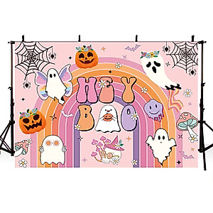 MEHOFOND 7x5ft Halloween Baby Shower Backdrop Pink Hey Boo Kids Birthday Bash Banner Cute Ghost Retro Groovy Rainbow Birthday Party Decorations Background Halloween Baby Shower Decorations Banner