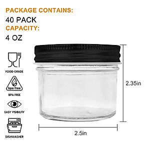 4oz Glass Jars With Lids And Bands,Small Mason Jars Wide Mouth,Mini Canning Jars With Black Lids For Honey,Jam,Jelly,Baby Foods,Wedding Favor,Shower Favors,Spice Jars For Kitchen & Home,Set of 40