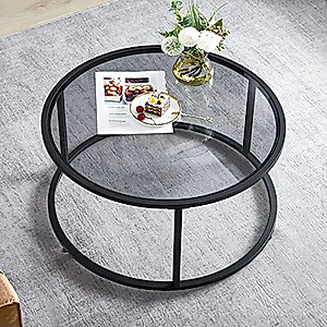 SAYGOER Round Coffee Table Glass Coffee Tables for Small Space Simple Modern Center Table for Living Room Home Office, Sofa Side Table with Metal Steel Frame, Easy Assembly, Gray Black