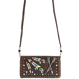 Justin West Native Color Feather Arrow Turquoise Stud Weave Fringe Conceal Carry Shoulder Handbag Purse | Trifold Wallet (Brown Wallet Only)