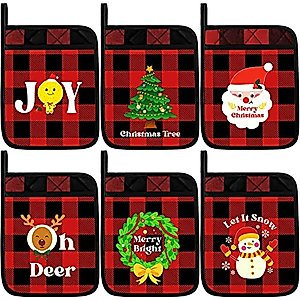 6 Pcs Red and Black Buffalo Plaid Pot Holders Heat Resistant Christmas Potholders with Pocket Reusable Oven Mitts Christmas Hot Pads for Kitchen Decoration Cooking Baking BBQ (Snowman)