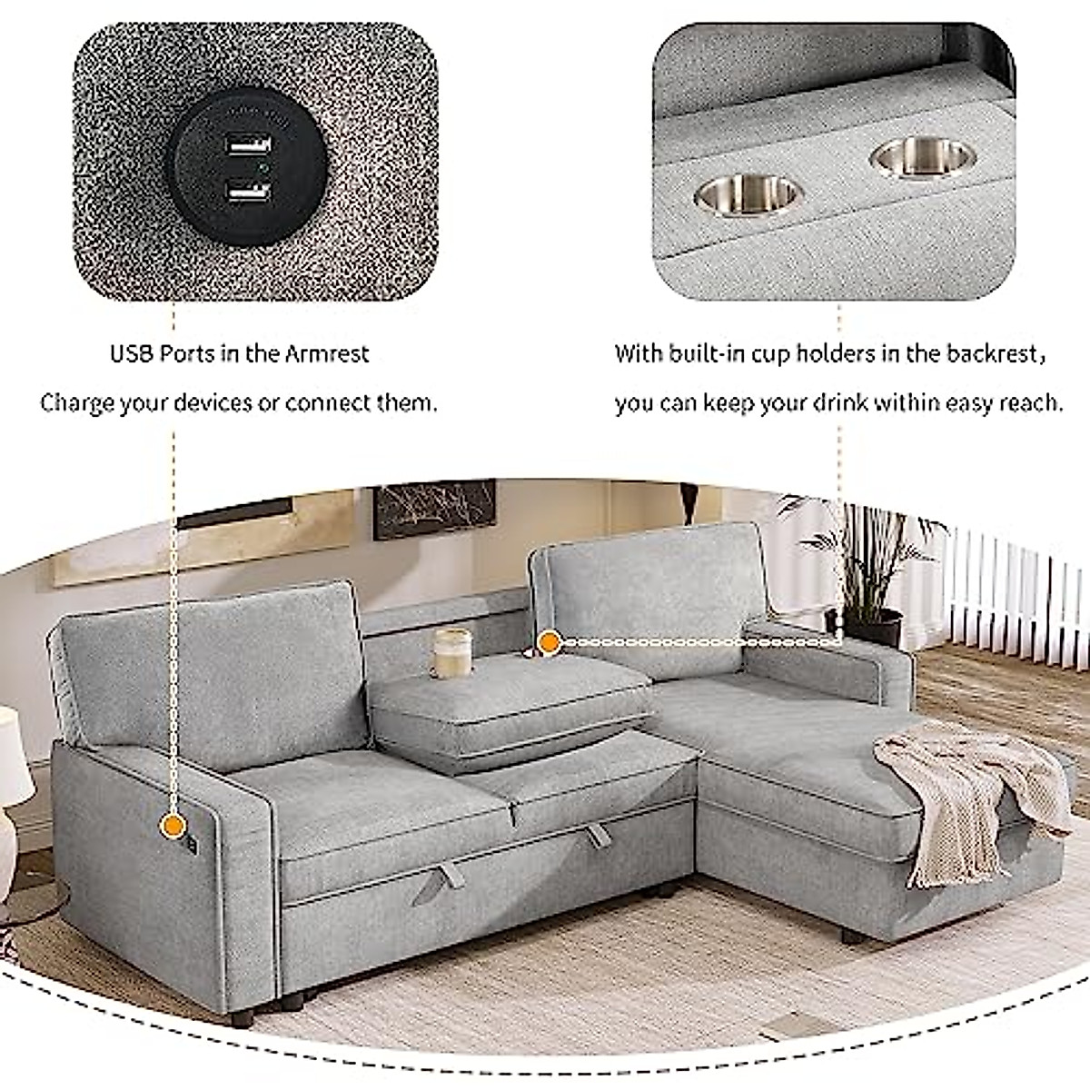 LUMISOL 89" Convertible Pull Out Sleeper Sofa Bed, L-Shaped Sectional Sofa with Reversible Storage Chaise, Reversible Sofa Couch with Cup Holders and USB Ports for Living Room, Small Apartment