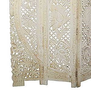 Deco 79 Wood Floral Handmade Hinged Foldable Arched Partition 4 Panel Room Divider Screen with Intricately Carved Designs, 60" L x 2 "W x 72"H, White